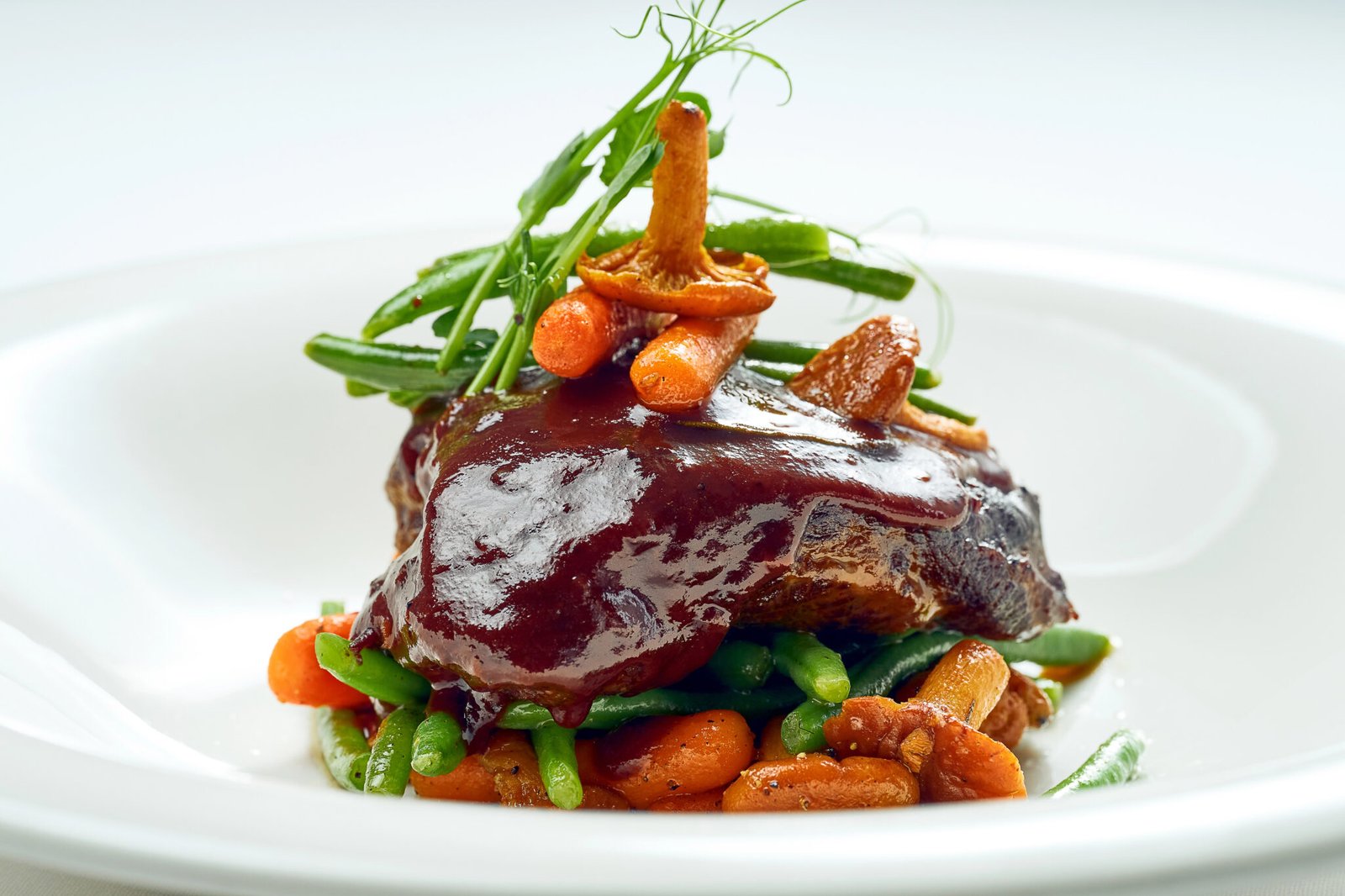 Red Wine Braised Beef Cheek Steak with Chanterelles and Asparagus ...